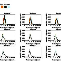 Relative frequency of the simulated marching speeds at the consecutive ...