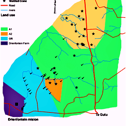 Locations of crane sightings in the Driefontein Grasslands IBA, Zimbabwe.