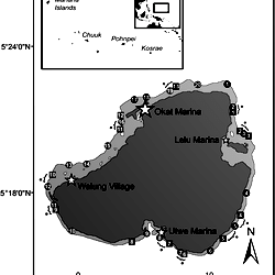 Map of Kosrae showing the location of sites surveyed in 1986 (circles ...