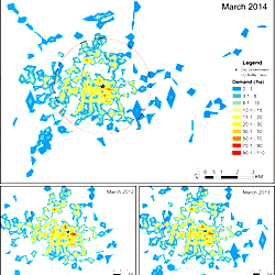 The spatial distribution of demand by all users on weekdays.
