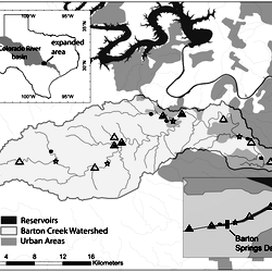 Map of Barton Creek watershed illustrating survey collection localities ...