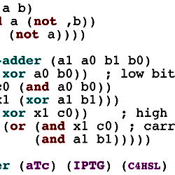 Proto code for a two-bit adder, showing operators in color.