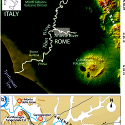 Location map showing the investigated geologic sections of the Aniene ...