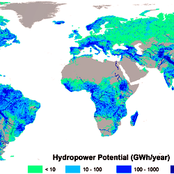 Global map of gross hydropower potential distribution.