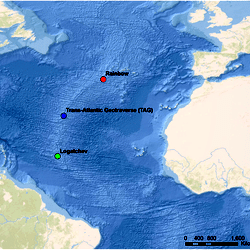 Geographic locations of three hydrothermal vents along the Mid-Atlantic ...