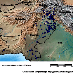 Map of Pakistan showing collection localities for specimens examined in ...