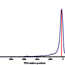 Distribution of known transcription factor binding site locations (blue ...