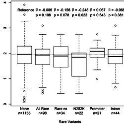 Boxplots on log(FFA) for different classes of rare variants.