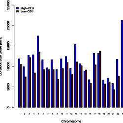 Comparison of the average LD block size for each chromosome between the ...