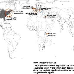 World map with geolocations of recipients of million-dollar-plus gifts ...