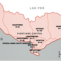 Map of Vientiane Capital indicating the number of rabies cases in each ...