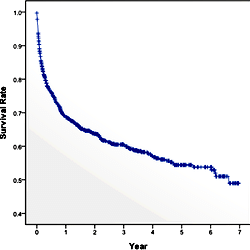 KM curve for the survival rates of the child and adolescent PMV patients.