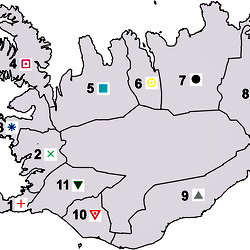 Map of 11 regions of Iceland, color-coded to match Figures 2 and 3.