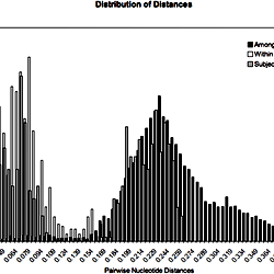 Histogram showing the distribution of pairwise nucleotide distances within subject 1 versus ...