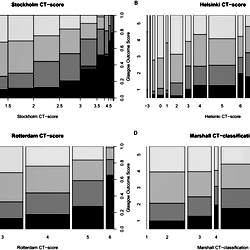 Different CT scores versus outcome.