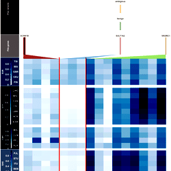 Genomic annotation plot combined with PGx variant MAFs in 1kG populations.