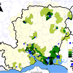 Map showing the demand by postcode sector in Hampshire, UK, and the ...