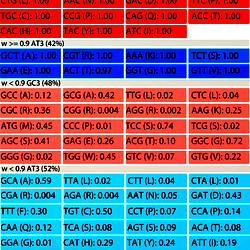 E. coli codon usage master table.