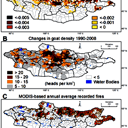 Trends in VOD residuals, changes in goat density and fire hotspots.
