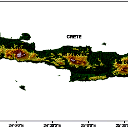 Topographic map of Crete with the three main mountain massifs.