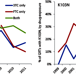 Prevalence of M184IV and K103N by drug exposure.