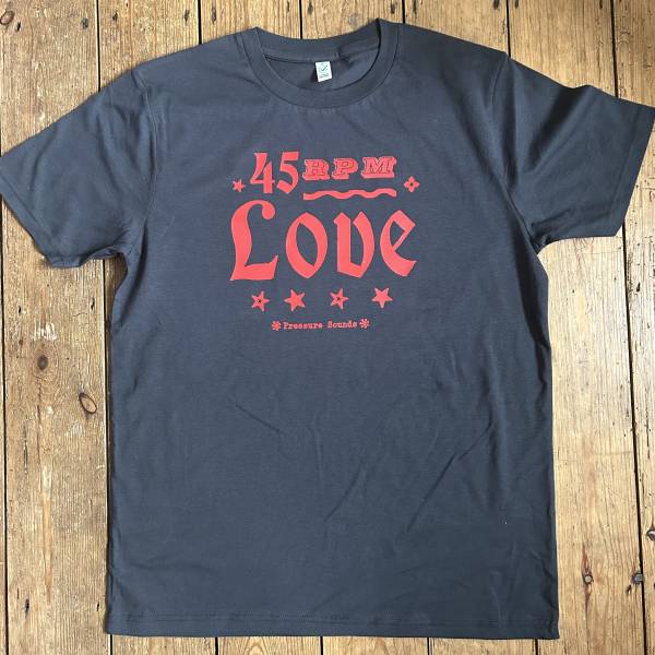 Pressure Sounds T shirt – Red on Ash Black 45rpm Love – Pressure Sounds