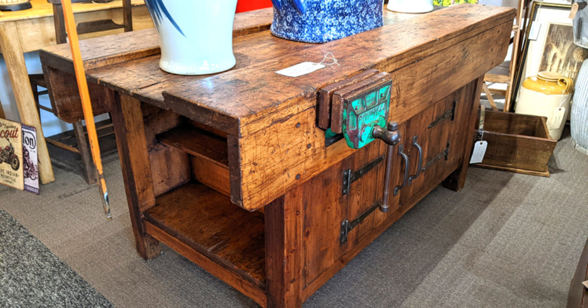 U40 Vintage School Woodworking Bench Island with Storage 675 _01