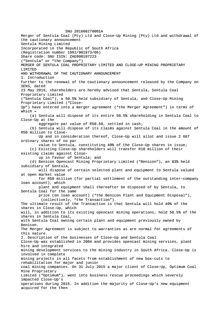 sentula mining limited merger of sentula coal pty ltd and close up ... sentula mining limited merger of sentula coal pty ltd and close up ...