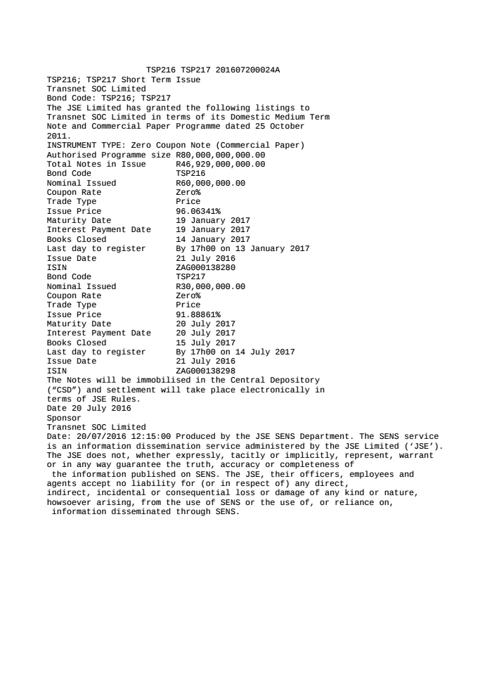 transnet soc limited tsp216 tsp217 short term issue