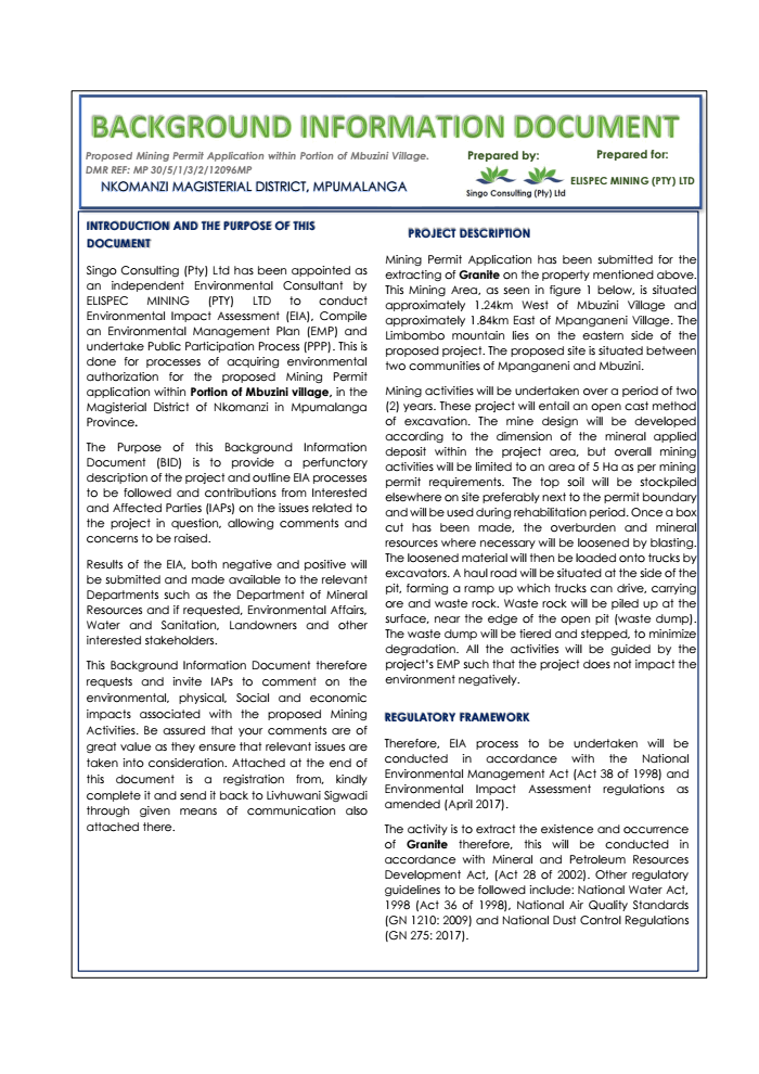 Elispec Mining Background Information Document