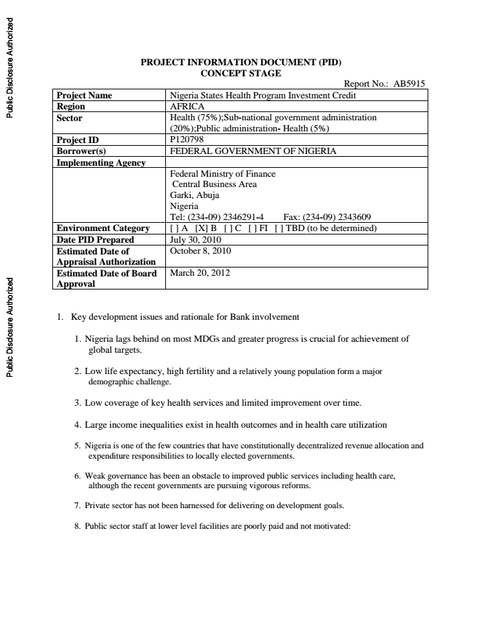 NSHIP PROJECT INFORMATION DOCUMENT (PID) CONCEPT STAGE