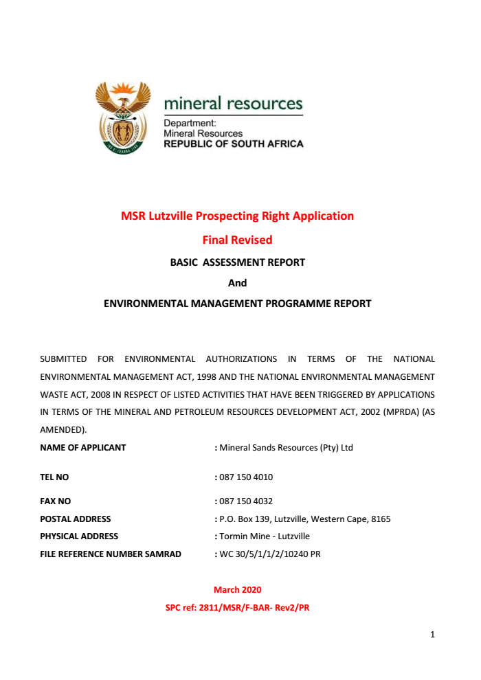 MSR Lutzville Prospecting Right Application BAR document