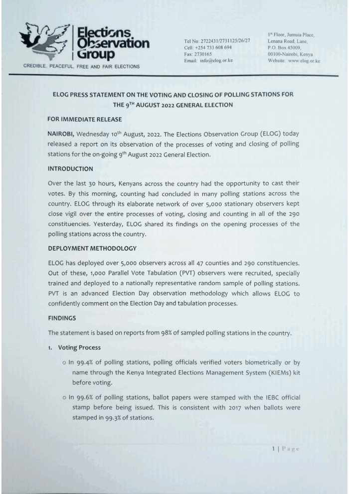 ELOG Press Statement on Kenya General Election of 9th August 2022
