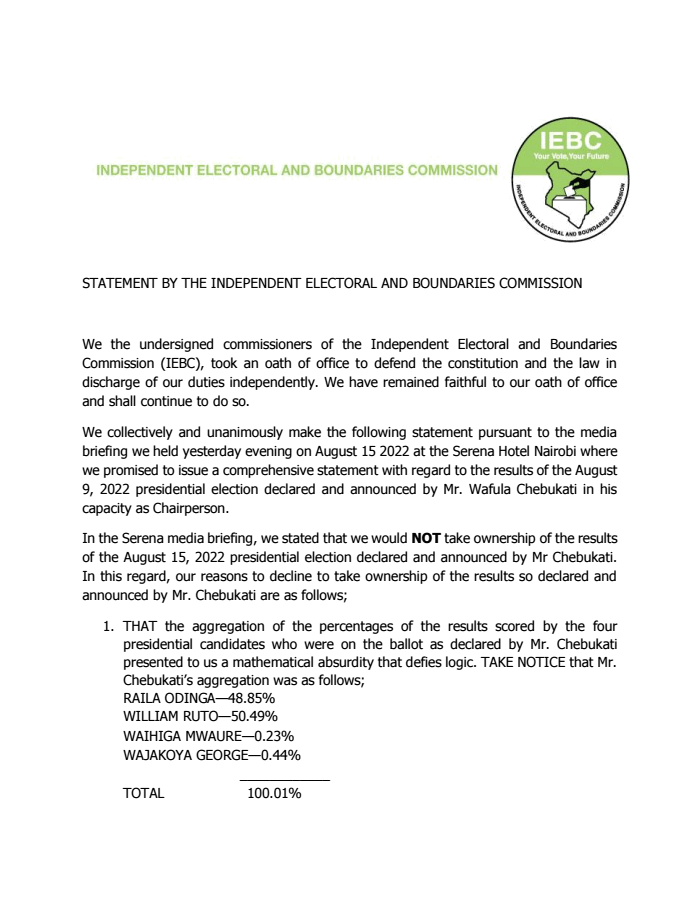 Press Statement by Four IEBC Commissioners - 16th August 2022