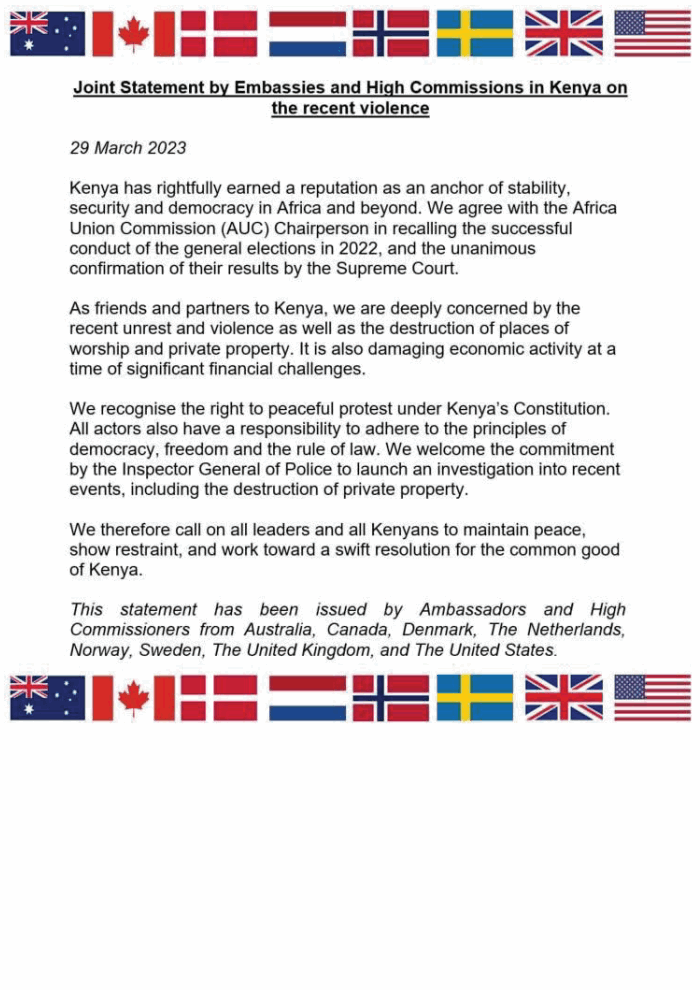 Joint Statement by Embassies and High Commissions in Kenya on Violence