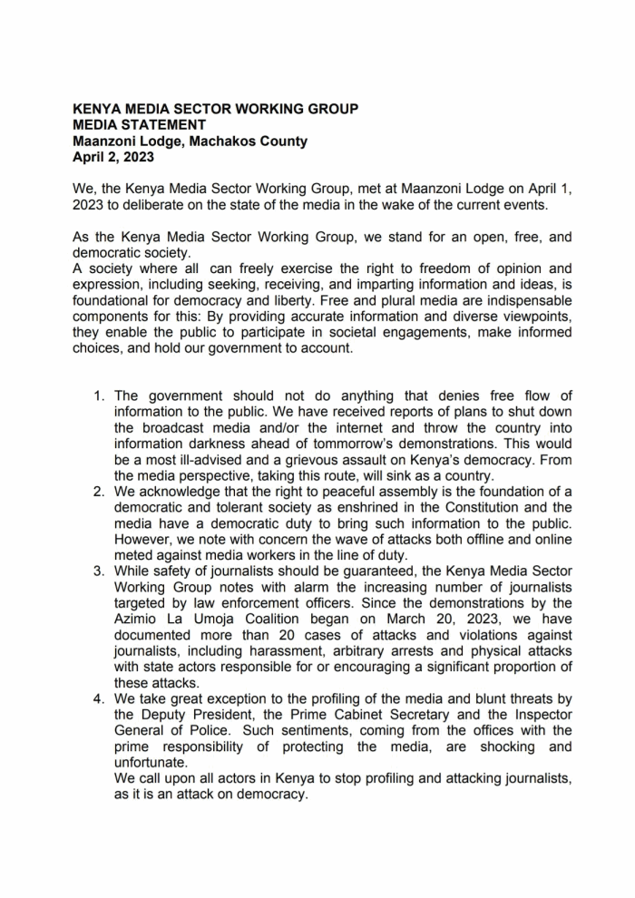 Kenya Media Sector Working Group - Press Statement of 2nd April 2023