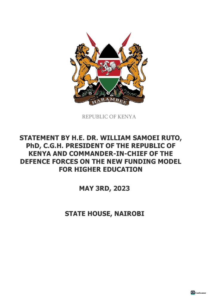 Statement by Pres. William S. Ruto on the New Funding Model for Higher ...