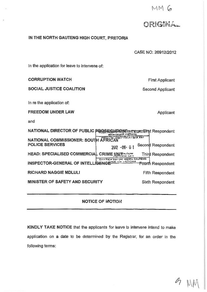 Annexure "MM6": Notice of Motion for Leave to Intervene of Corruption ...