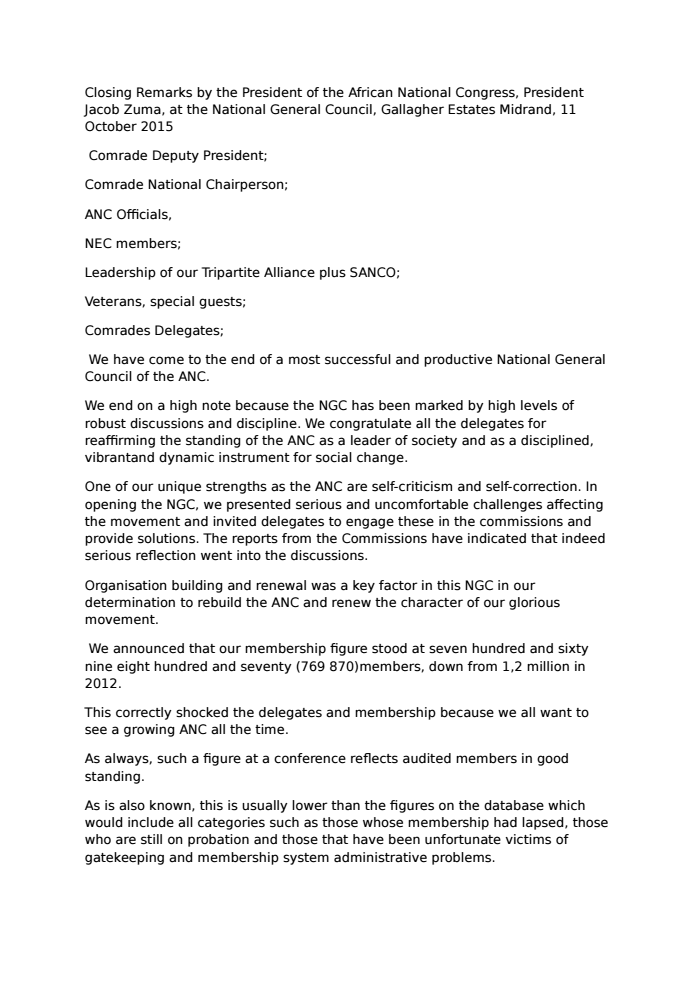 Closing Remarks by the President of the Anc
