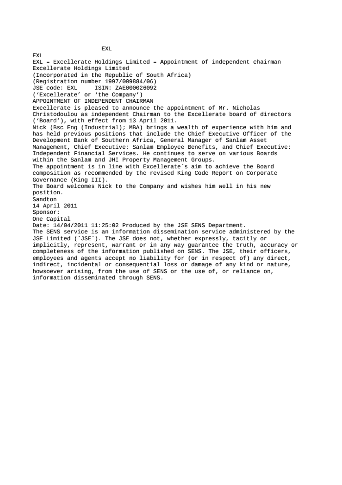 exl excellerate holdings limited appointment of independent chairman