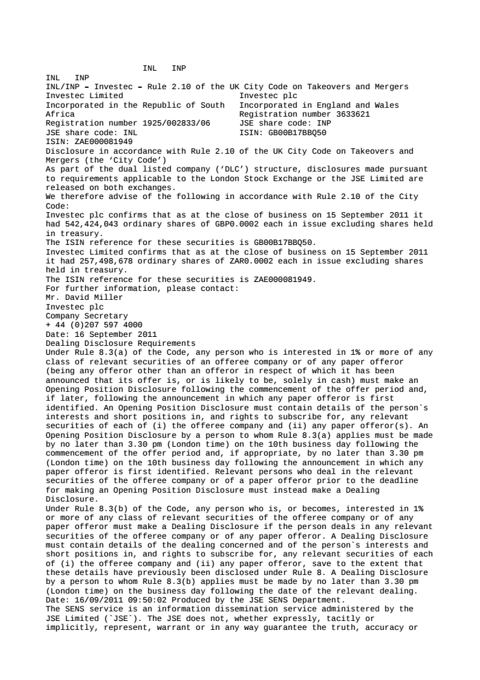 Inlinp Investec Rule 2 10 Of The Uk City Code On Takeovers And Mergers 8 inlinp-investec-rule-2-10-of-the-uk-city-code-on-takeovers-and-mergers-8
