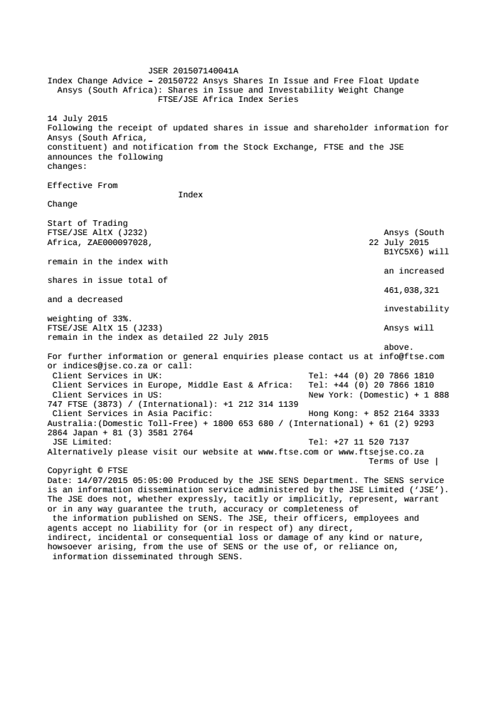 jse limited index change advice 20150722 ansys shares in issue and free float update