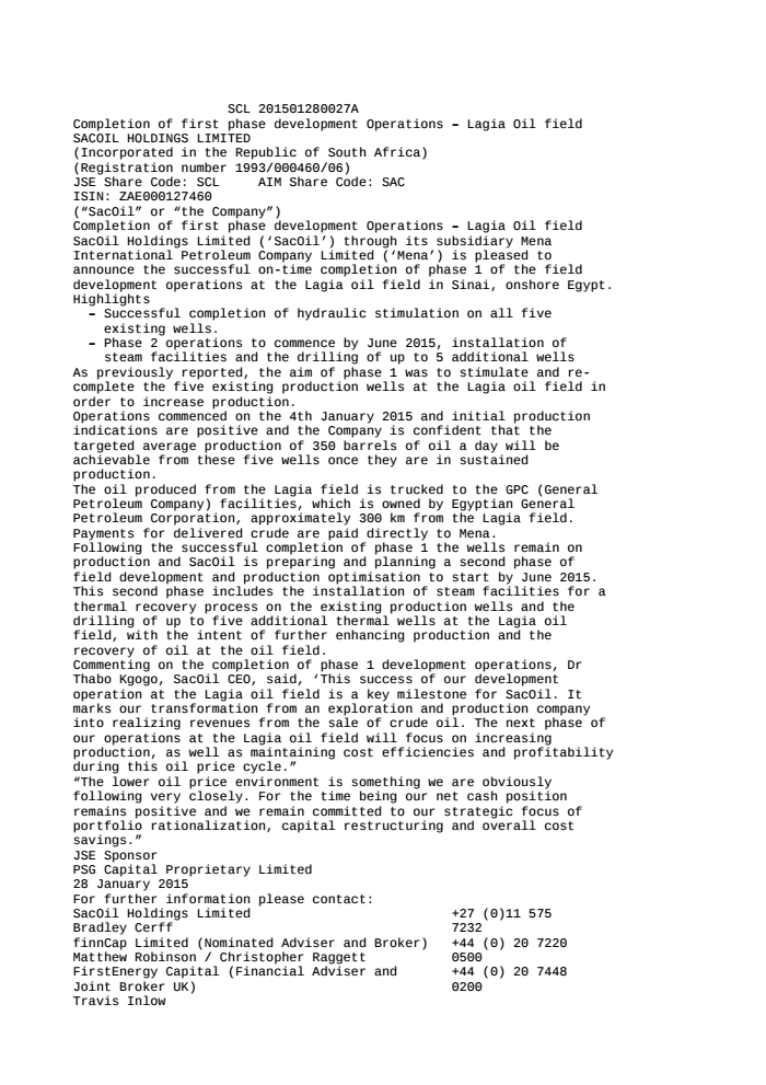 sacoil holdings limited completion of first phase development ...