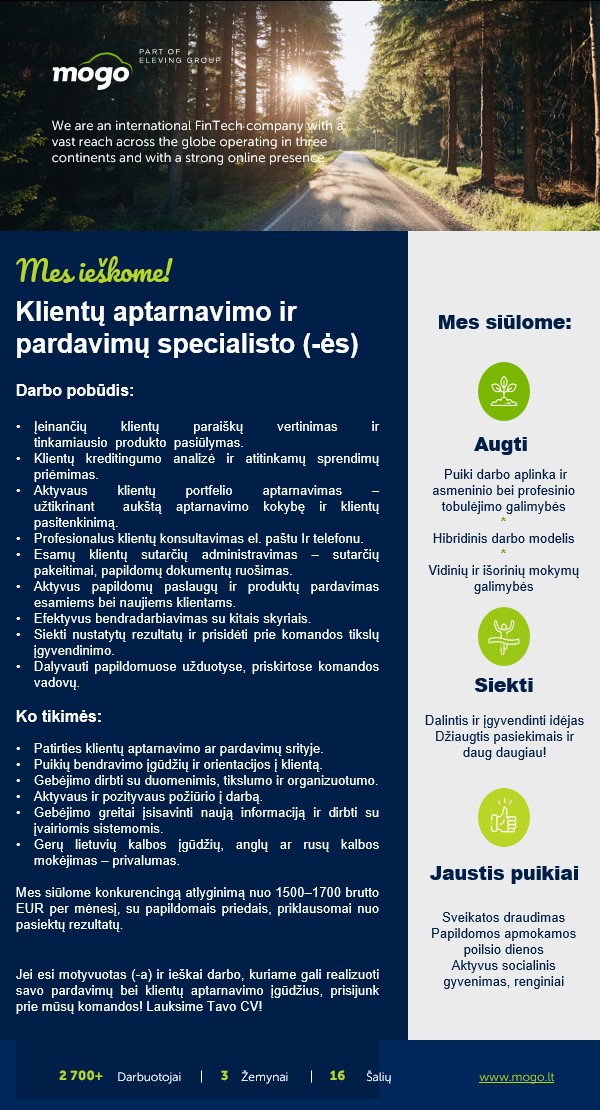MogoLT - Klientų aptarnavimo ir pardavimų specialistas (-ė)