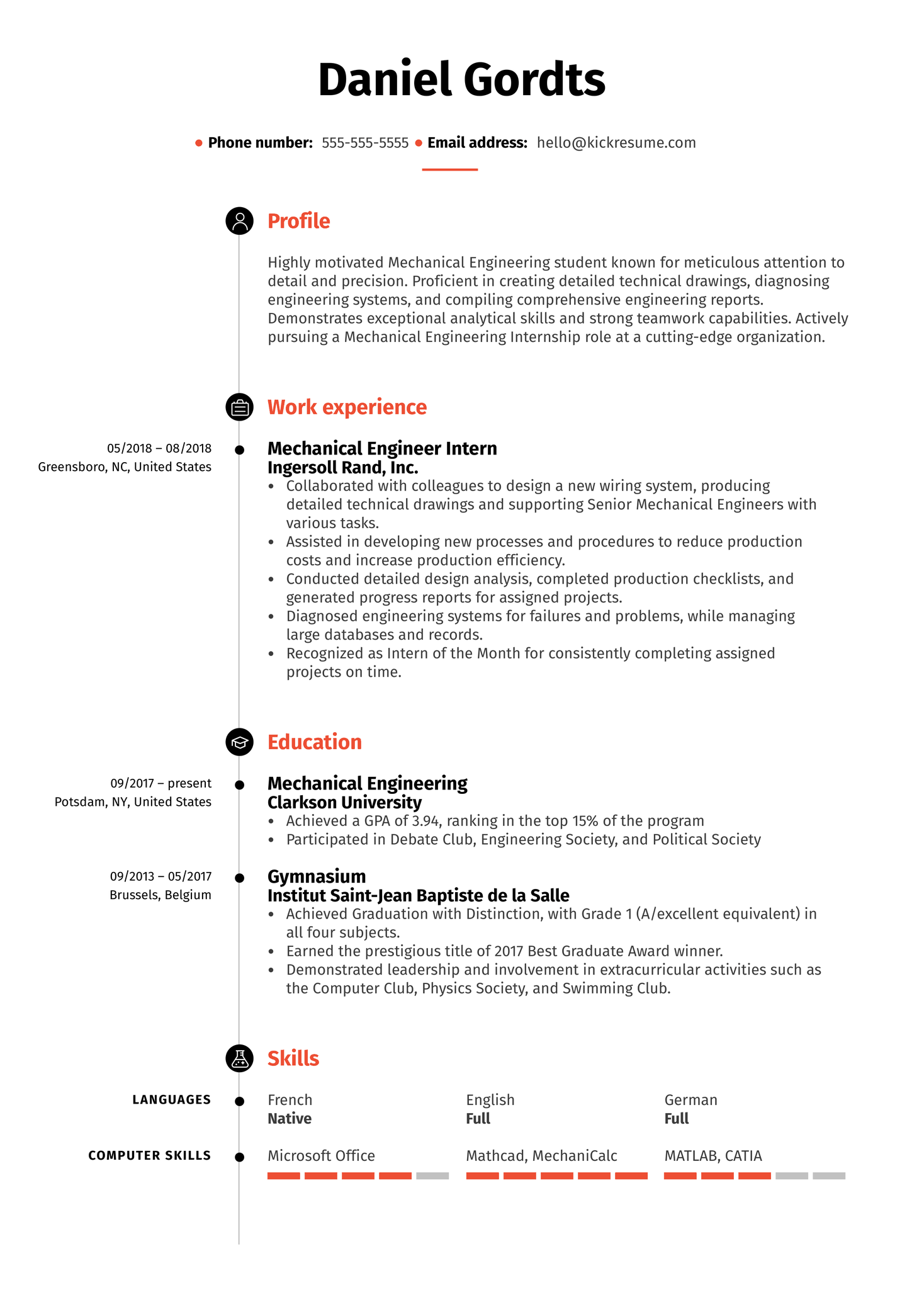 Mechanical Engineering Intern Resume Example Kickresume