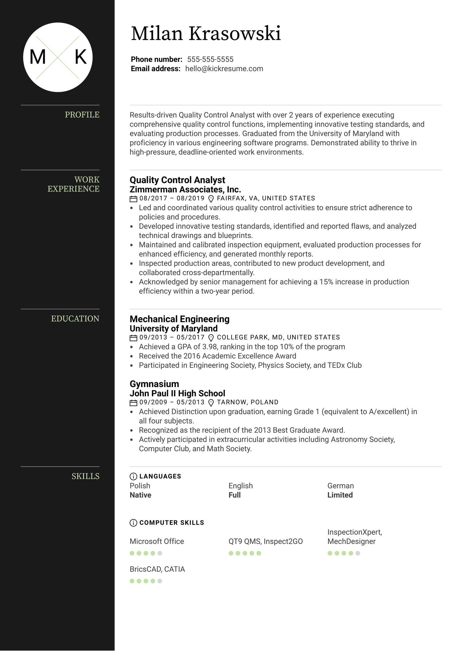 Quality Control Analyst Resume Example Kickresume