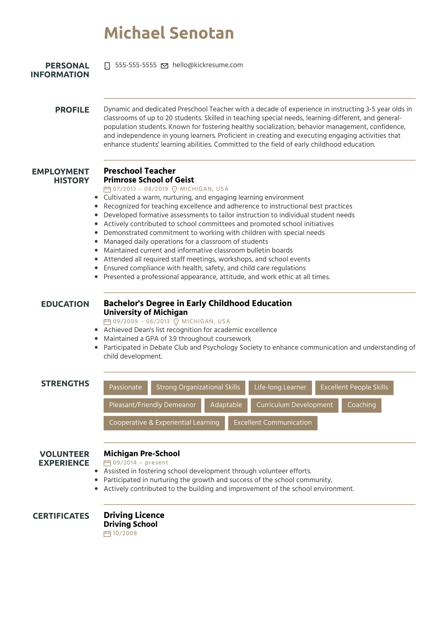 Preschool Teacher Resume Example Kickresume