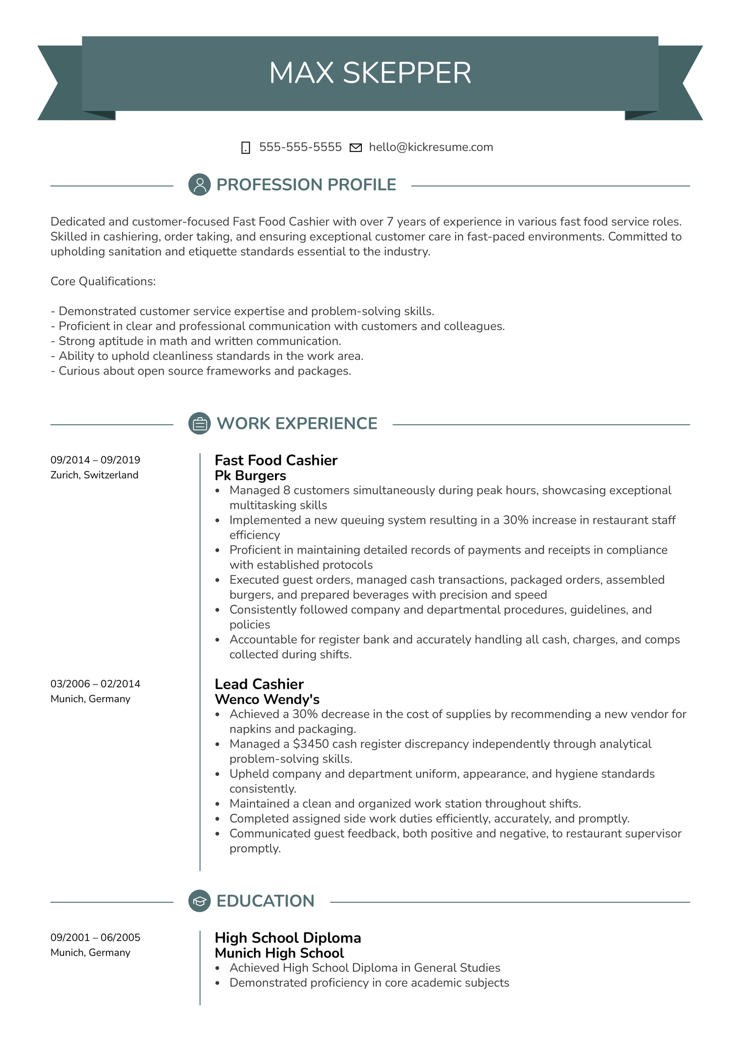 Fast Food Cashier Resume Example Kickresume