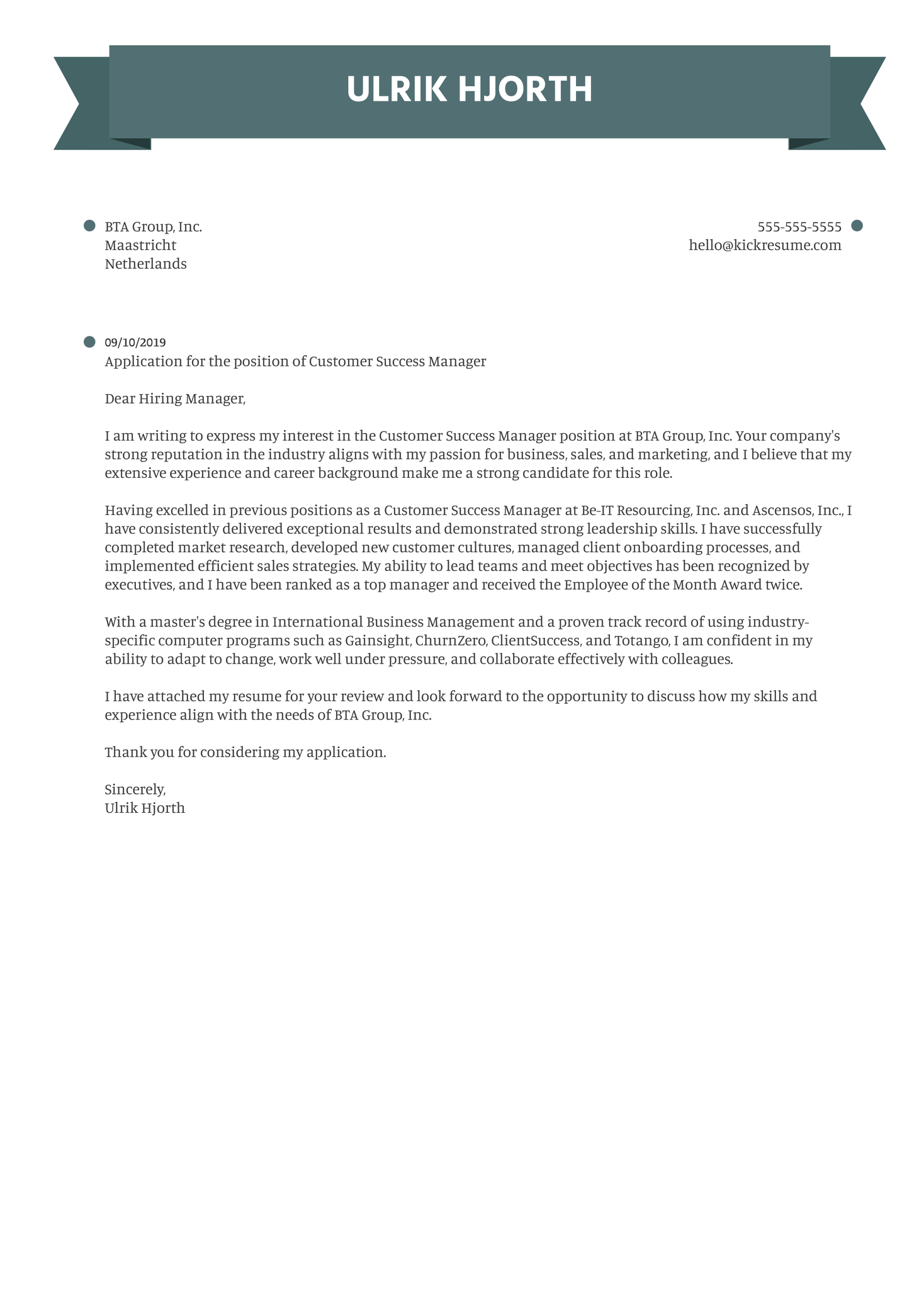 Customer Success Manager Cover Letter Example Kickresume