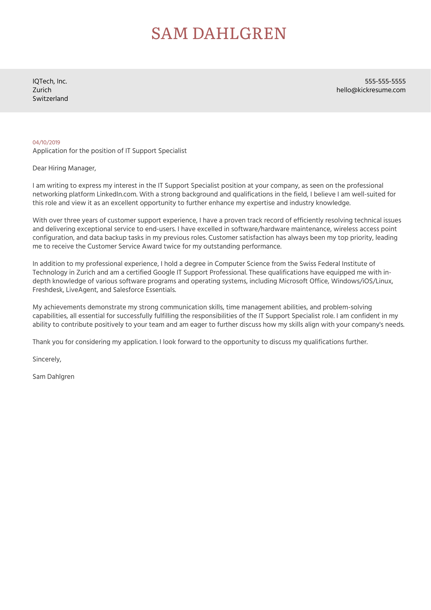 IT Support Specialist Cover Letter Sample Kickresume